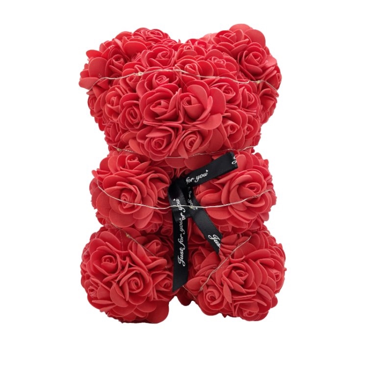 Bamse pyntet med røde roser og lys - 23 cm høj