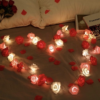 Stemningsfuld LED lyskæde med hvide roser og multifarvet lys